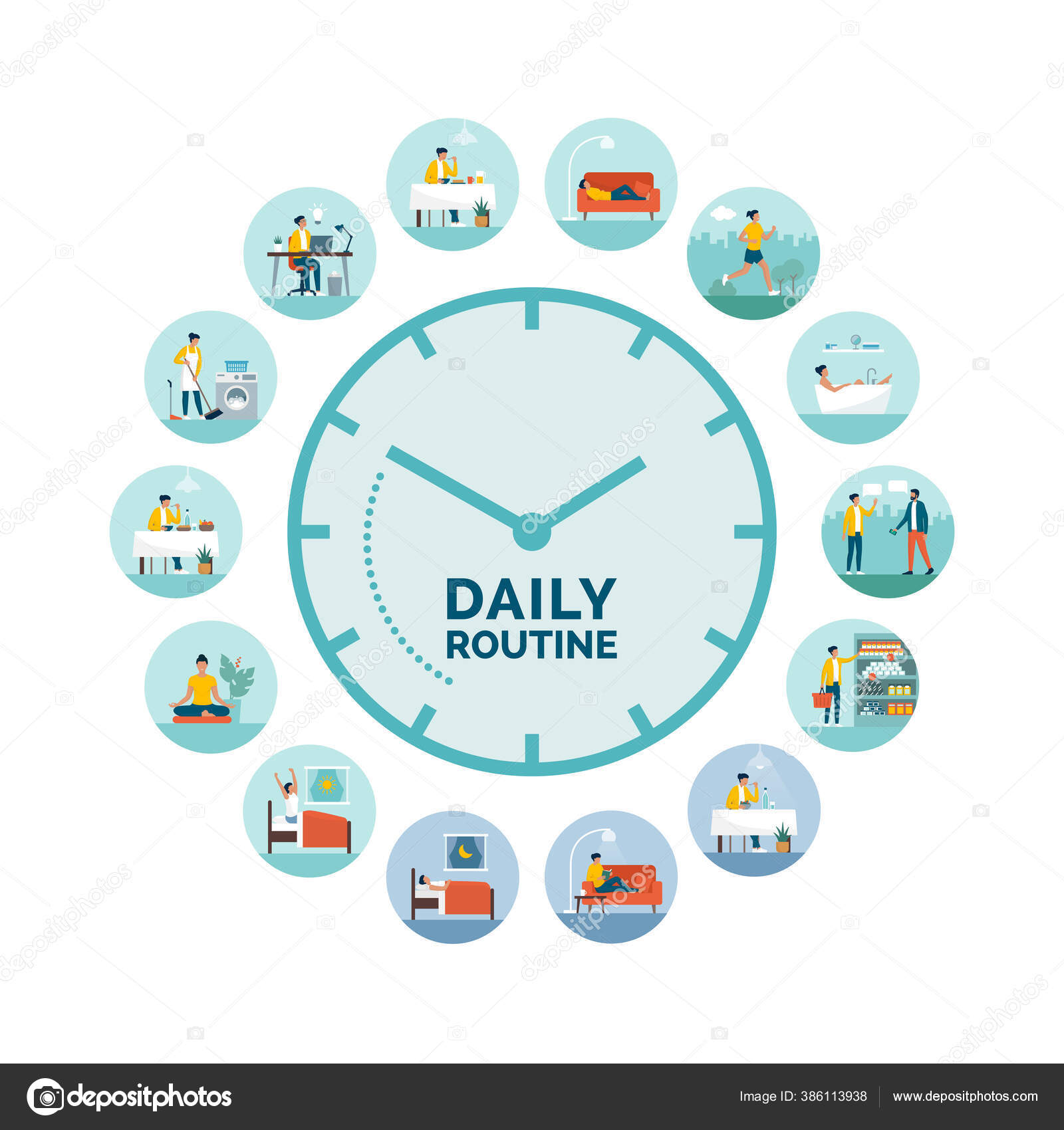 Clock Daily Activities Routine Woman Perfoming Different Tasks Day ...