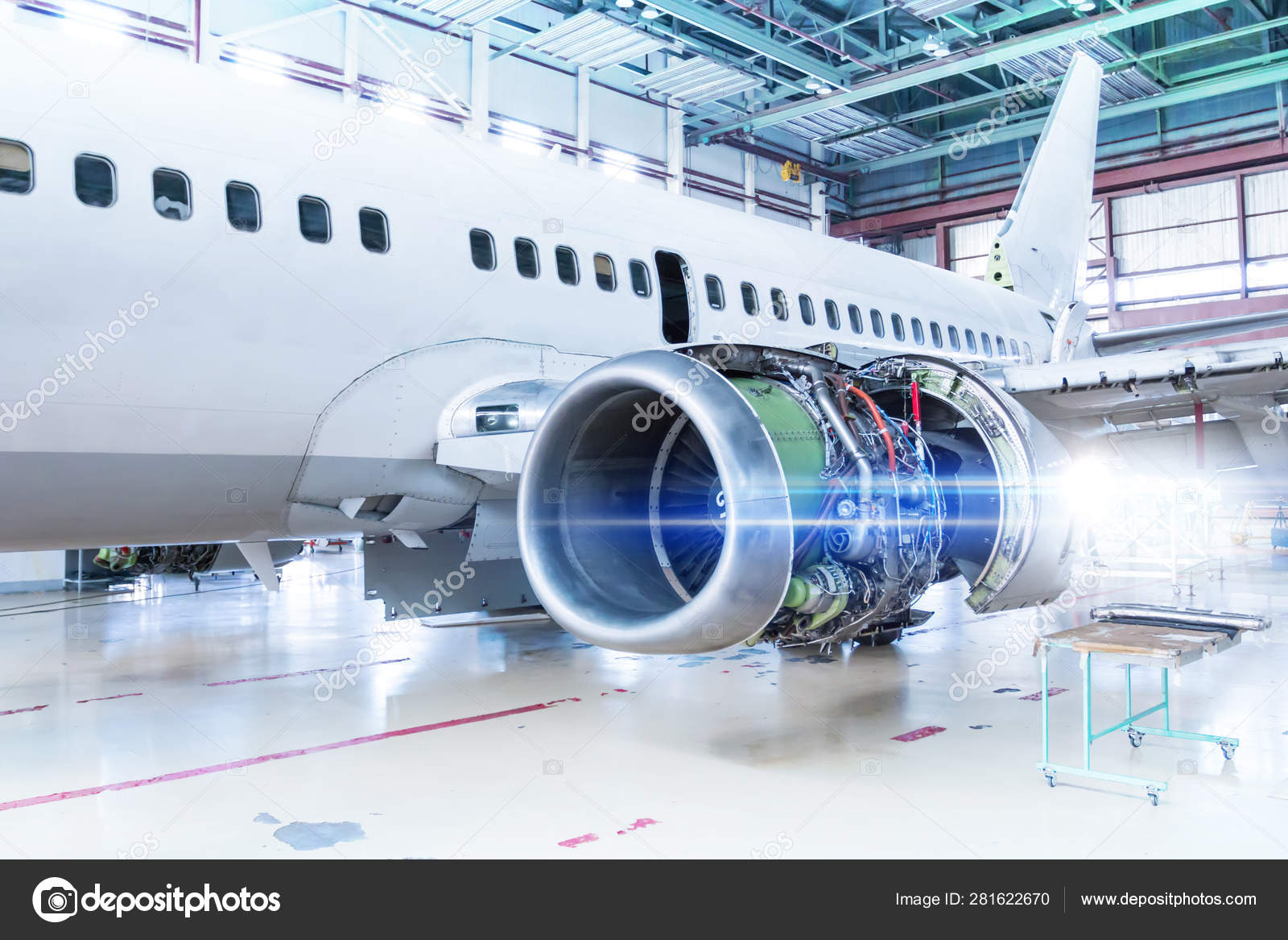 White Passenger Airplane Maintenance Hangar Repair Aircraft Engine Wing ...
