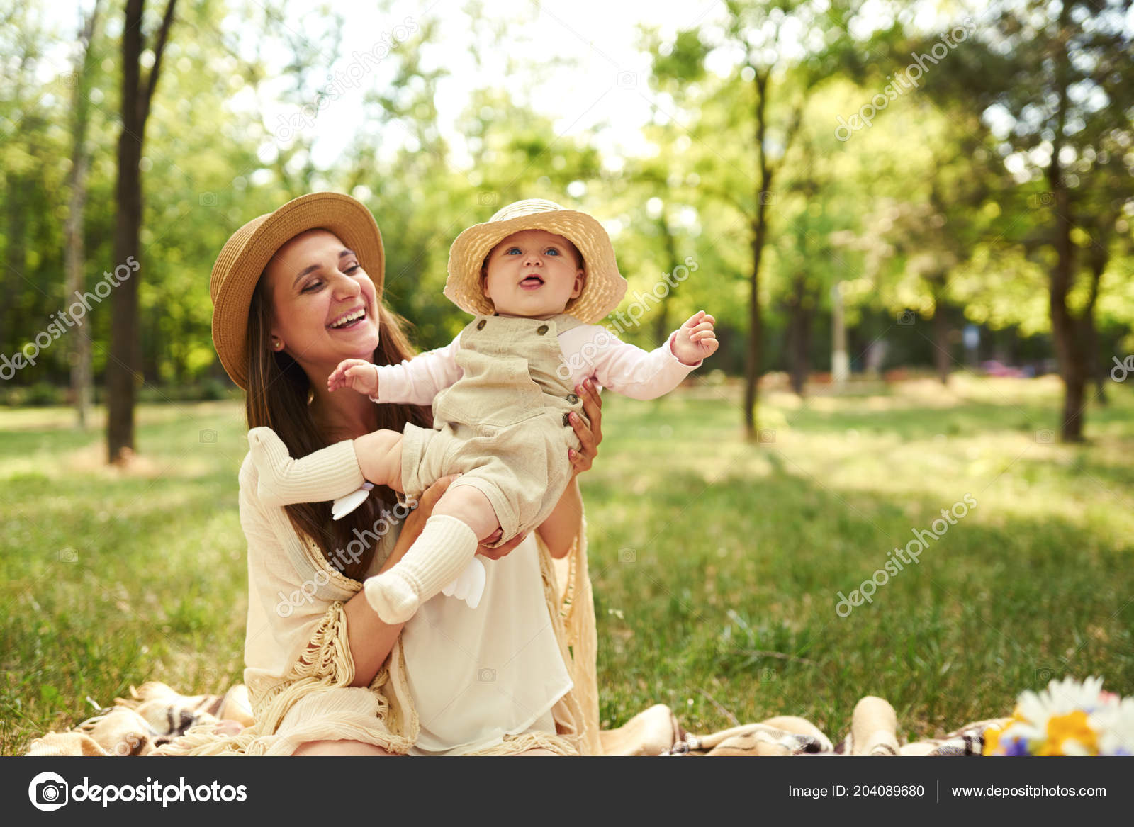 Happy Harmonious Family Outdoors Mother Her Baby Have Fan Laughing ...