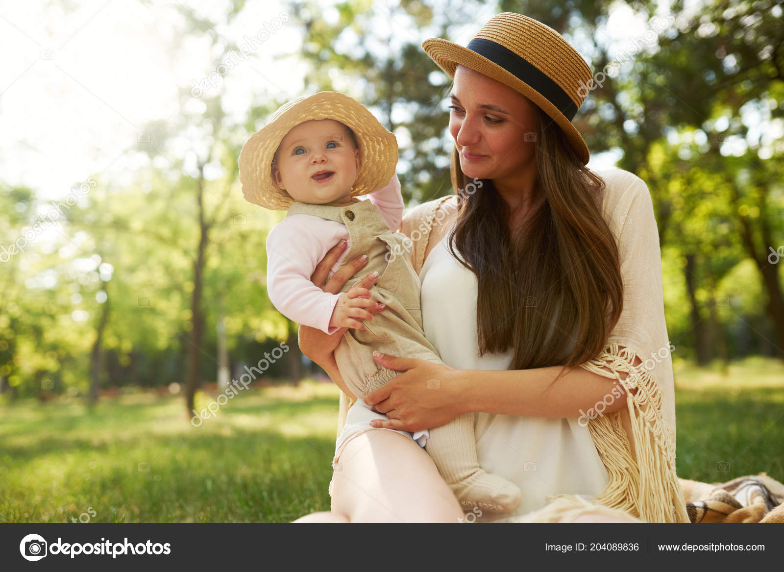 Happy Harmonious Family Outdoors Mother Her Baby Have Fan Laughing ...