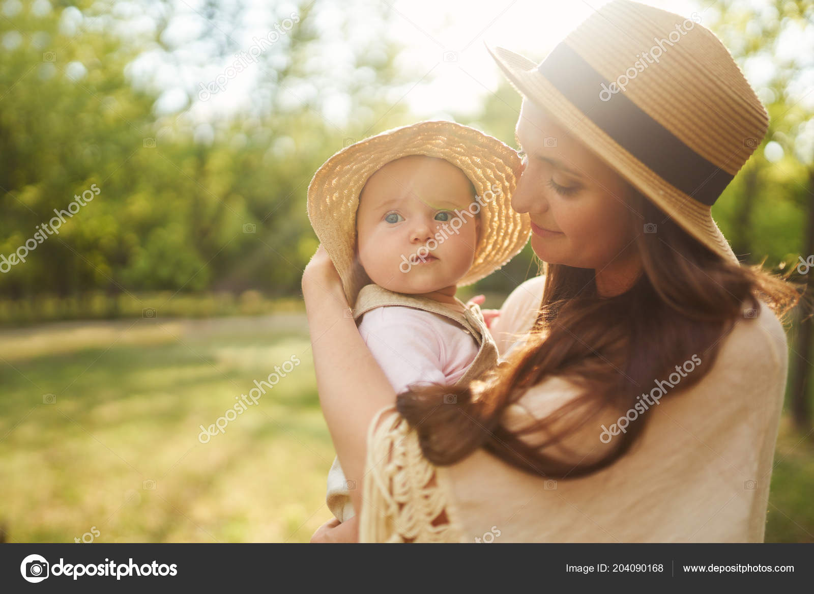 Happy Harmonious Family Outdoors Mother Her Baby Have Fan Laughing ...