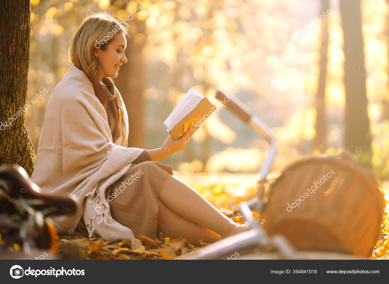 Beautiful Young Woman Sitting Fallen Autumn Leaves Park Reading Book ...