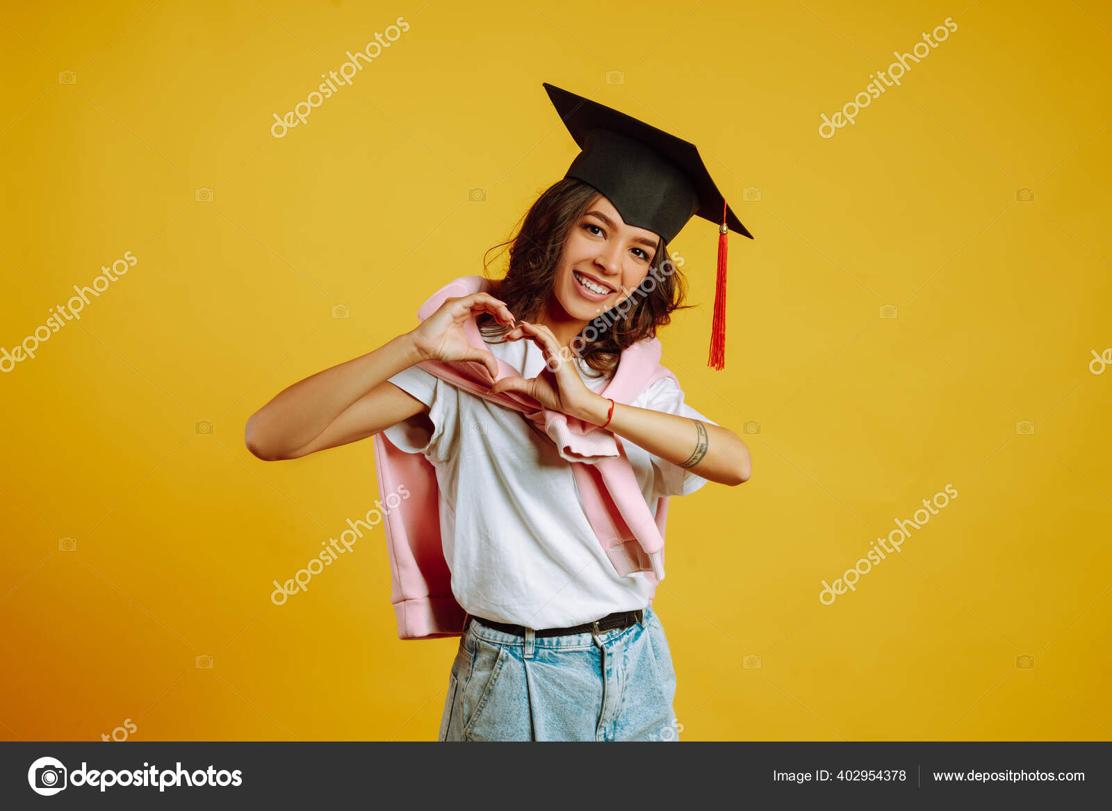 Graduate Woman Graduation Hat Her Head Makes Heart His Hands — Stock ...