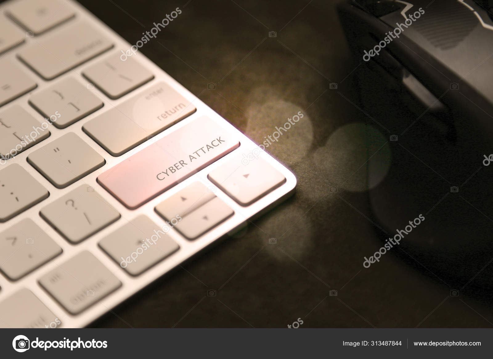 Cyber attack key on keyboard. Mouse in background, computer security ...