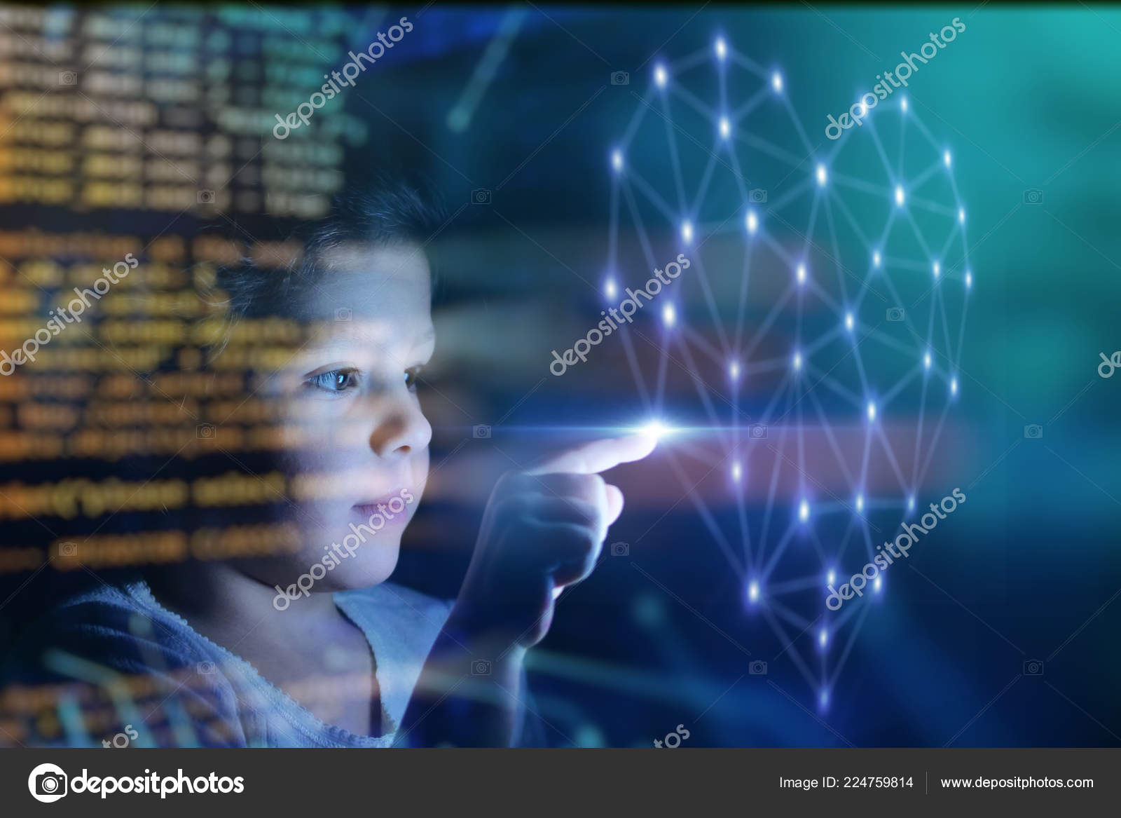 Little Girl Touches Virtual World Multimedia Connections Concept Future ...