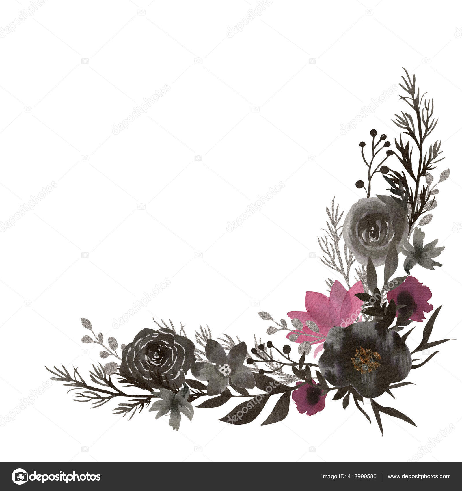 Hand Painted Black Ink Flower Arrangement Illustration Watercolor ...