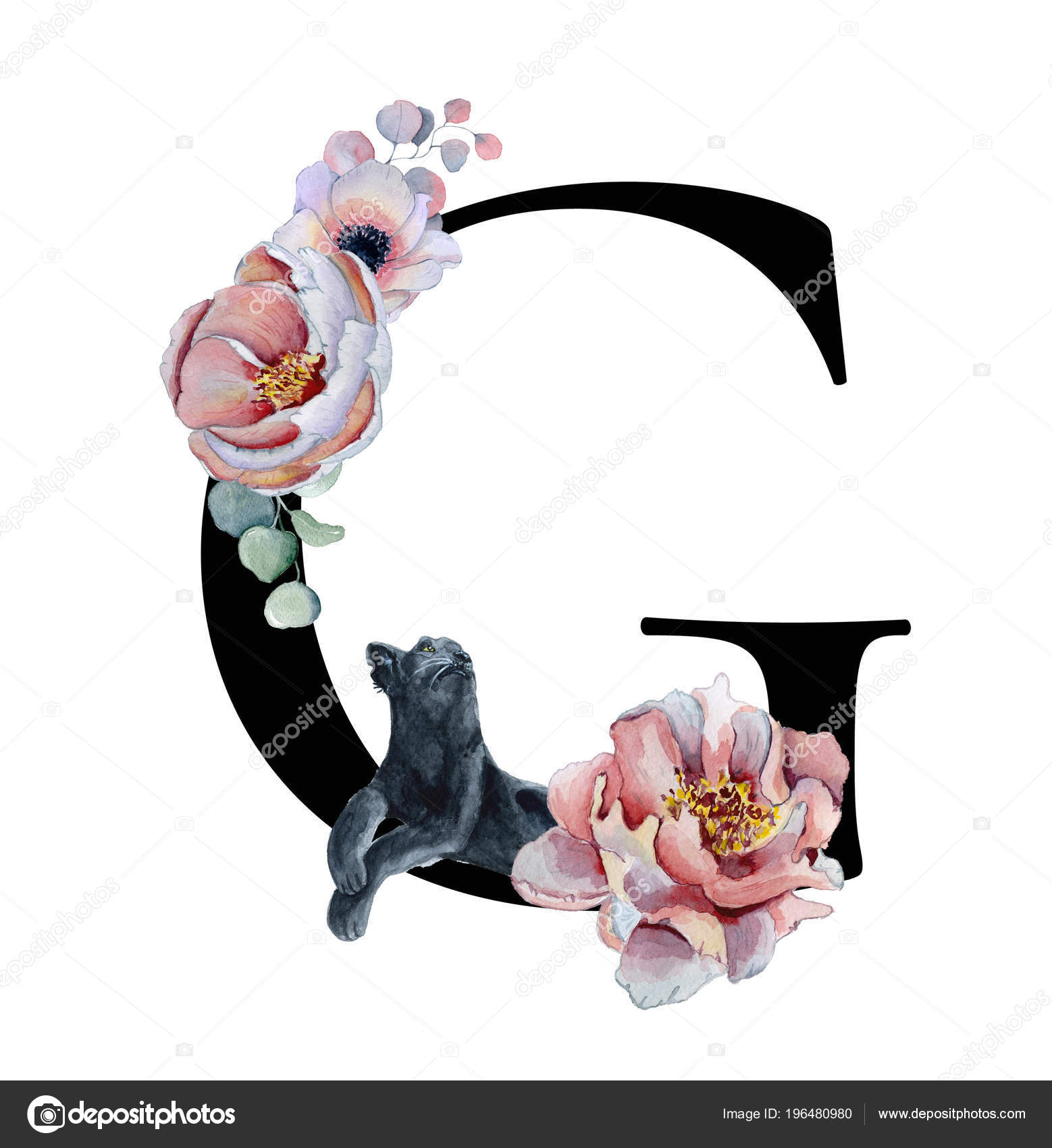Floral watercolor alphabet. Monogram initial letter G design with hand ...