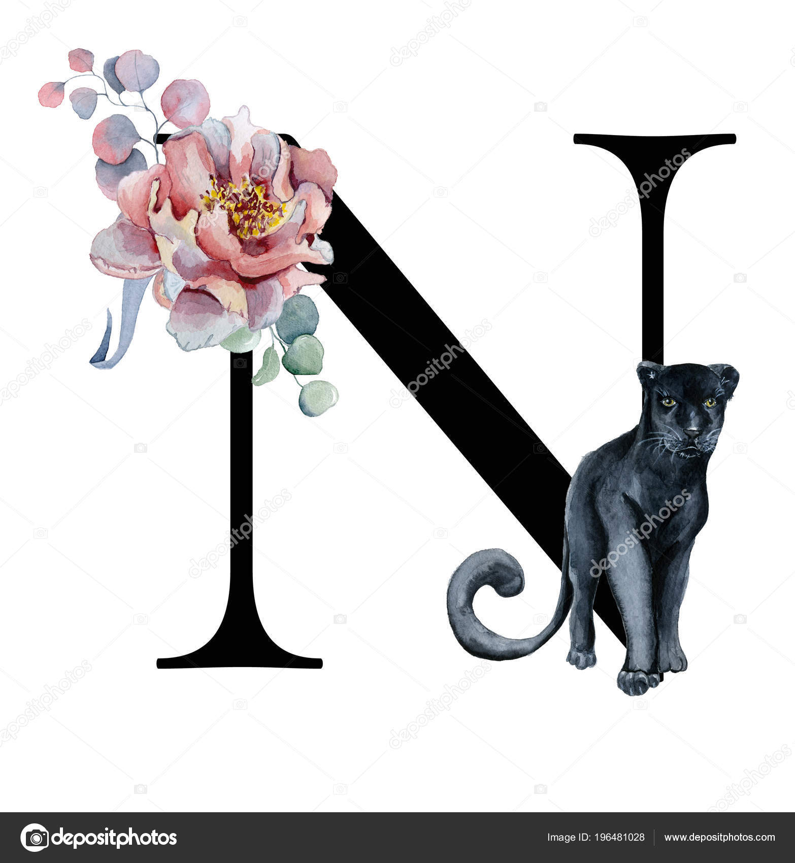 Floral watercolor alphabet. Monogram initial letter N design with hand ...