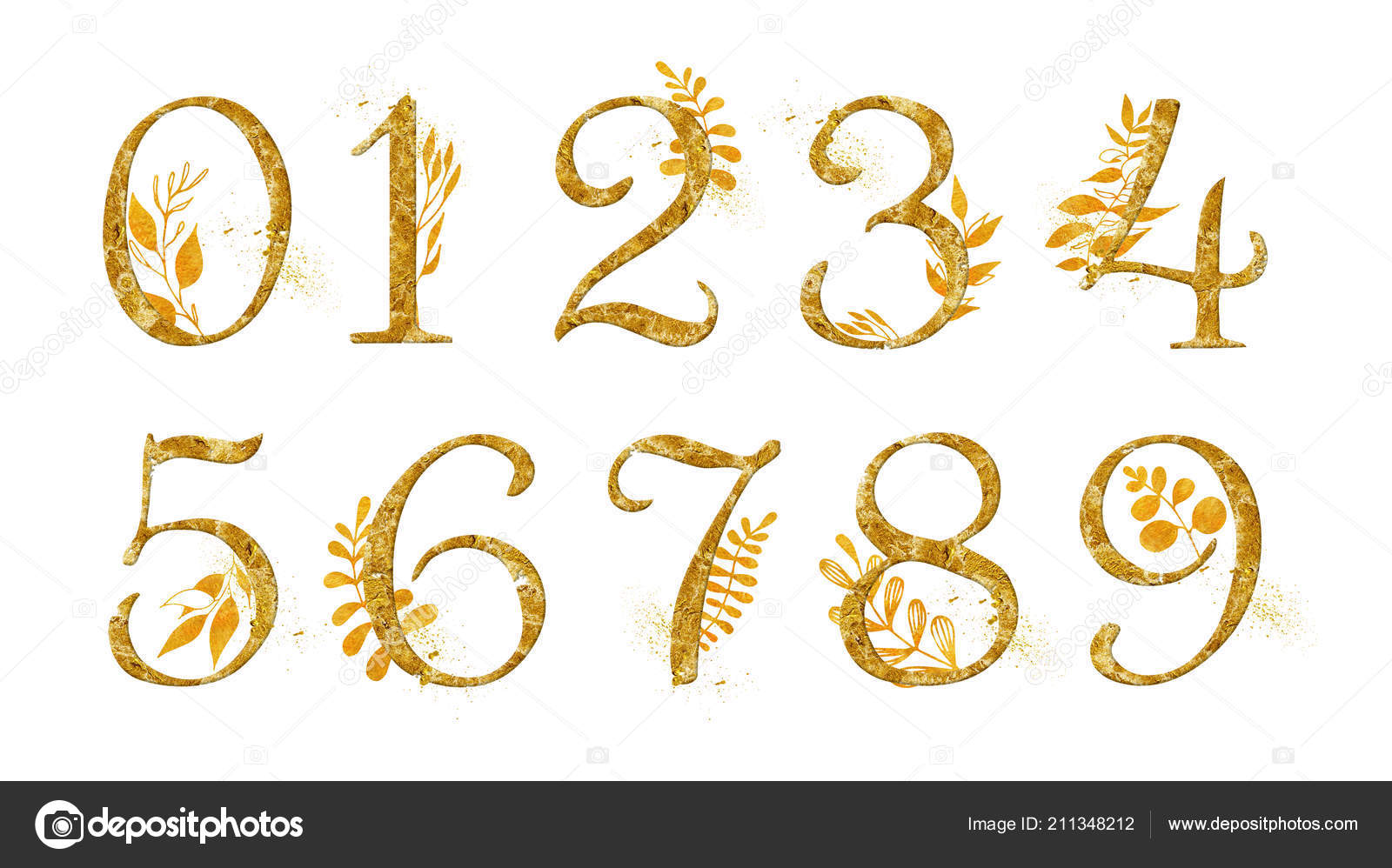 Golden Number Set with gold floral decor. Collection for wedding ...