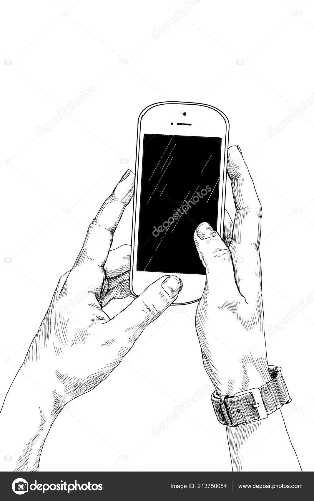 Female Hands Holding A Mobile Phone On White Background Of Monochrome
