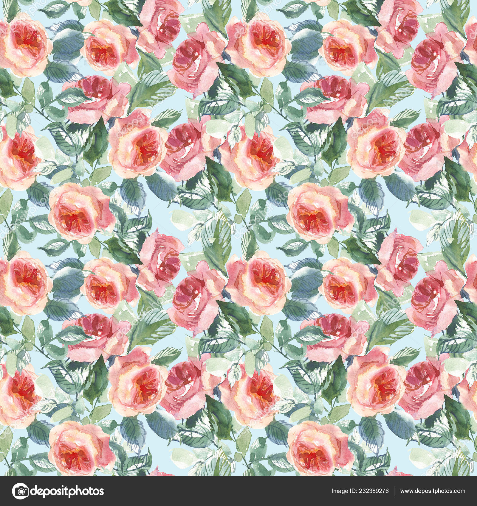 Seamless pattern wild pink roses flower and green leaves. Watercolor ...