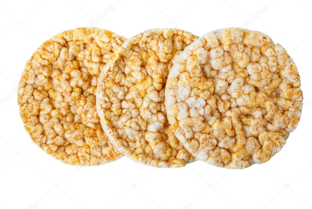 Pasteles de maíz caramelizados. Pan integral inflado aislado sobre ...