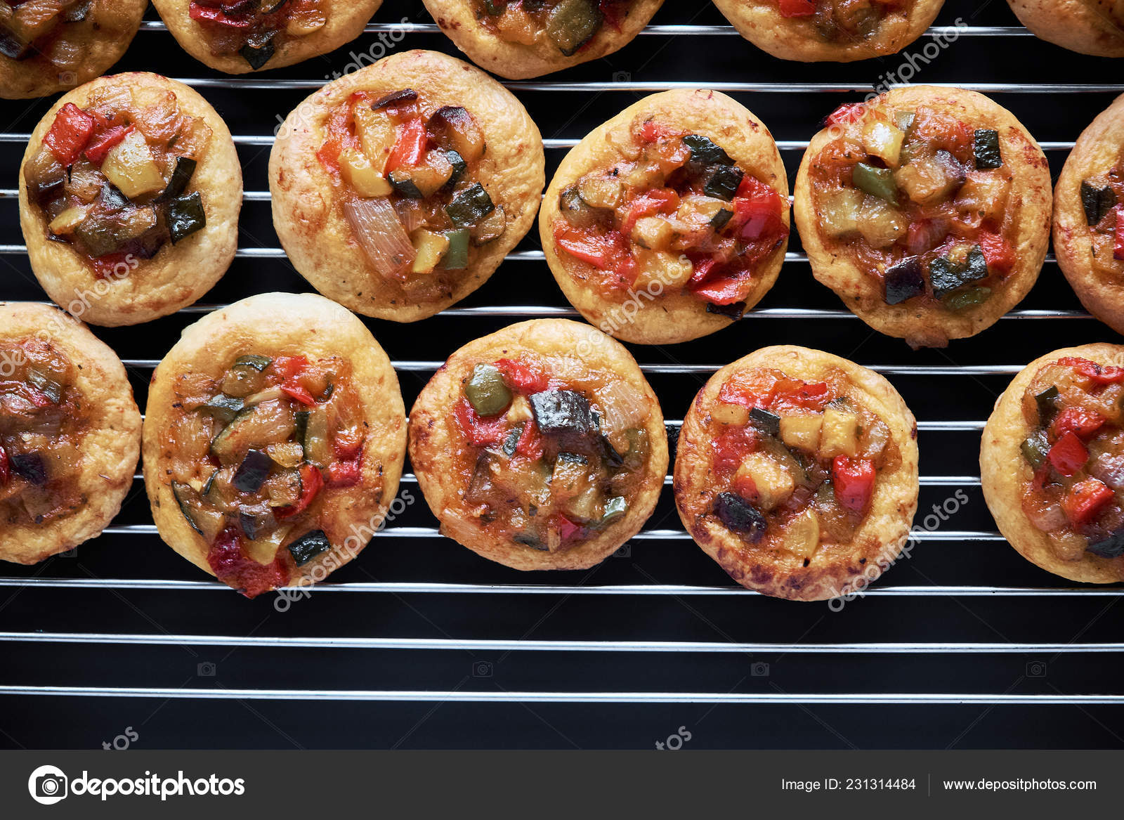 Top View Many Freshly Baked Mini Pizzas Cocas Traditional Spanish ...