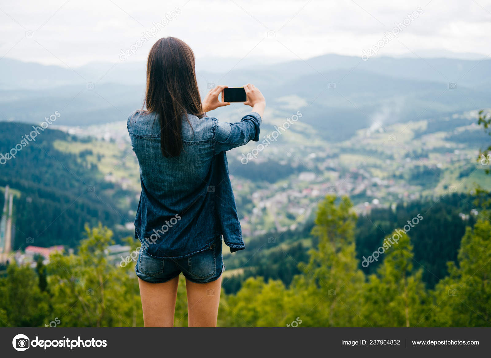 Back View Woman Taking Picture Beautiful Mountains Smartphone — Stock ...