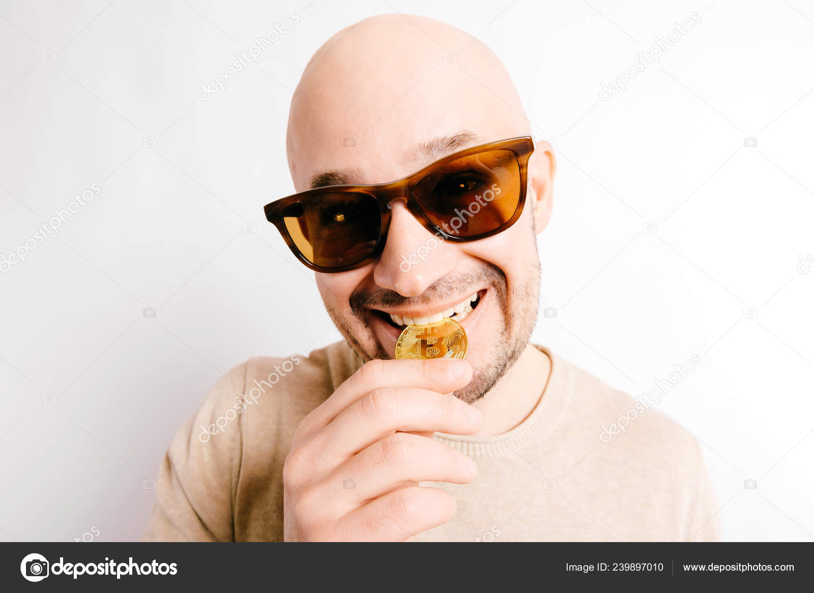 Portrait Funny Bald Man Biting Bitcoin Stock Photo by ©hplovecraft.mail ...