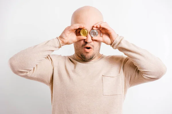 Portrait Funny Bald Man Biting Bitcoin Stock Photo by ©hplovecraft.mail ...
