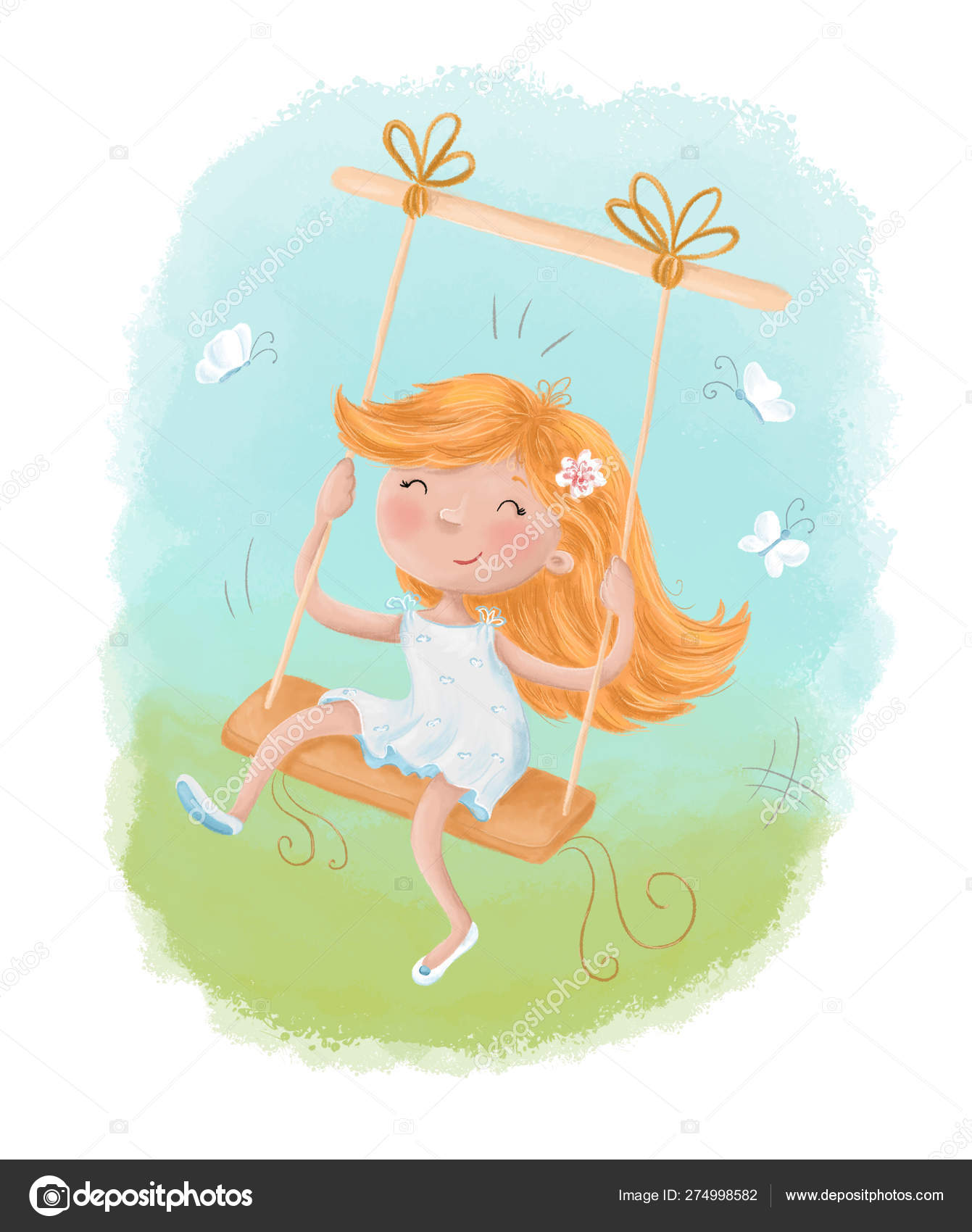 Hand drawn beautiful cute girl. Romantic Girl Riding On Swing Stock ...