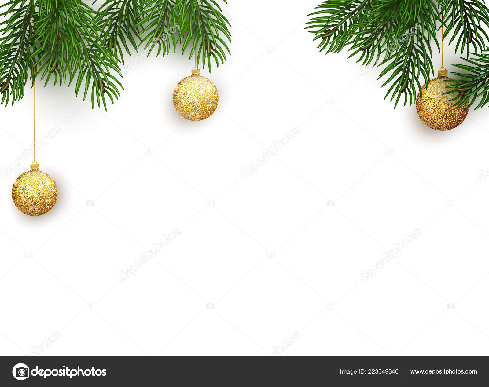 Winter holiday background. Border with Christmas tree branches and ornaments isolated on white ...