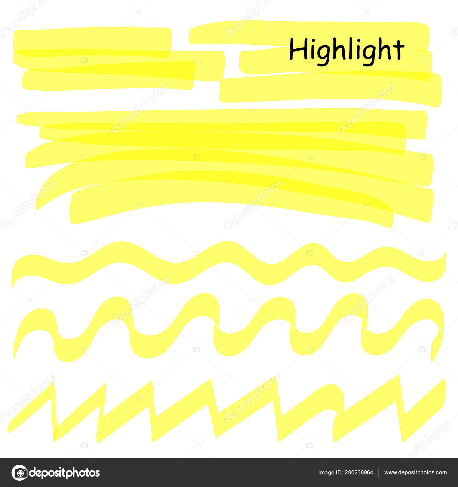 Hand drawn highlight marker lines set. Highlighter yellow strokes ...