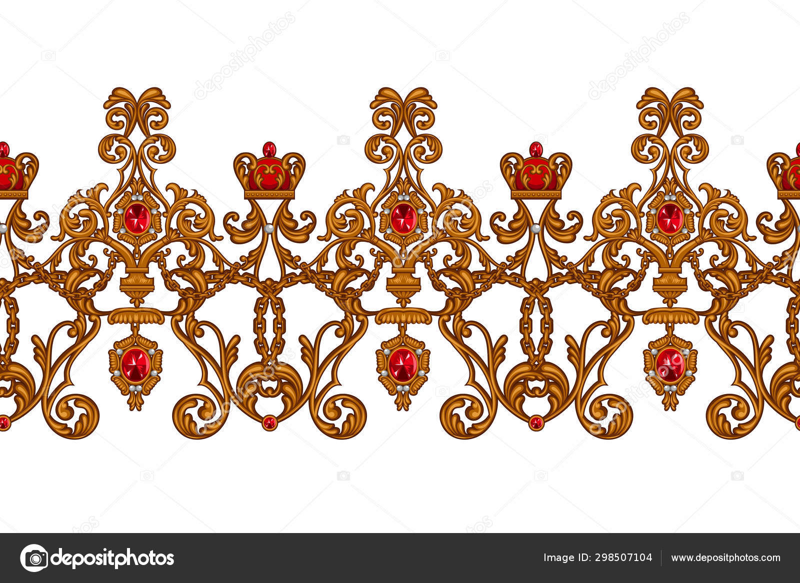 Seamless border in rococo style with golden scrolls and rubies ⬇ Vector ...