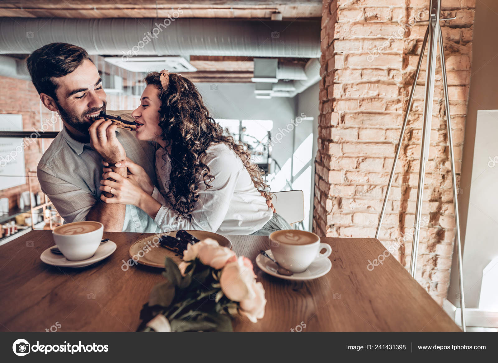 Funny Couple Eating Cake Together Couple Spends Time Cafe Stock Photo ...