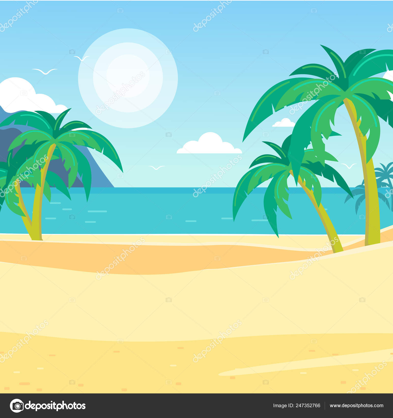 Playa Tropical Playa Arena Dorada Con Palmeras Océano Fondo Vectorial ...