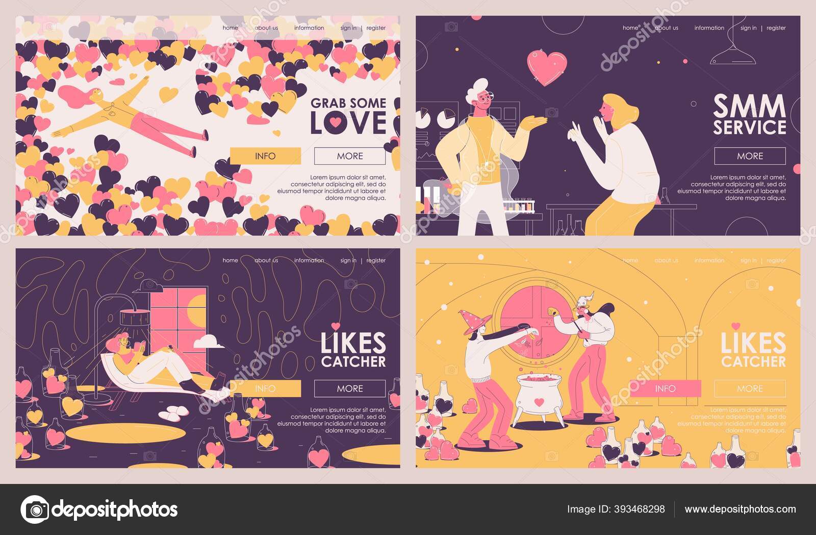 Smm Agency Banners Landing Page Templates Hearts Likes People Working ...
