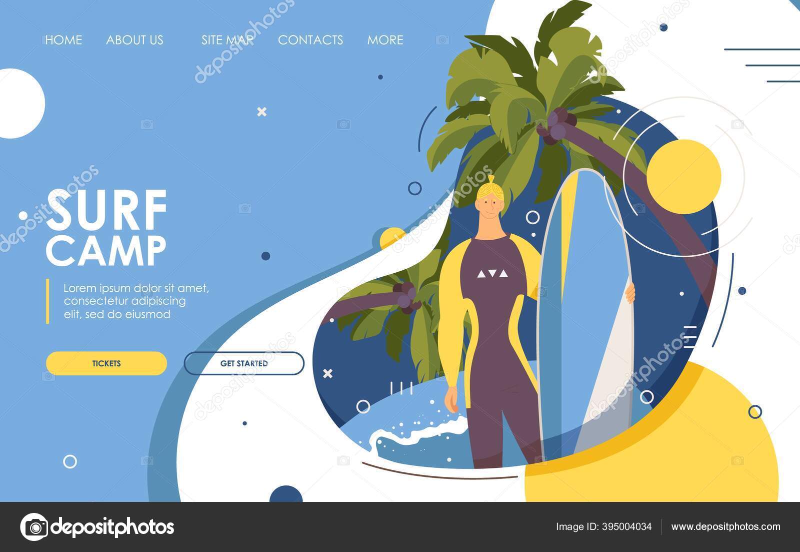 Surf Camp Landing Page Banner Vector Male Character Surfboard Standing ...