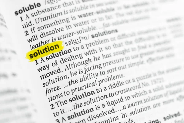 Highlighted English word "solution" and its definition at the ...