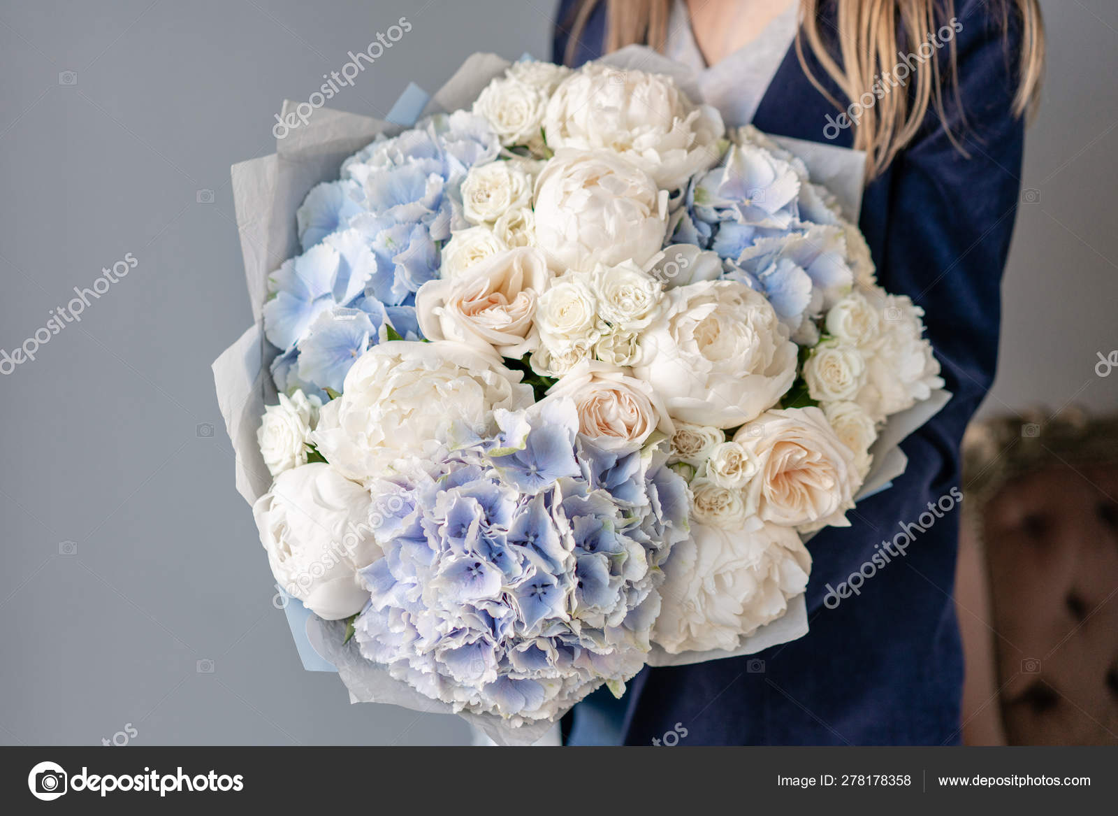 Blue Hydrangea And Peony Bouquet