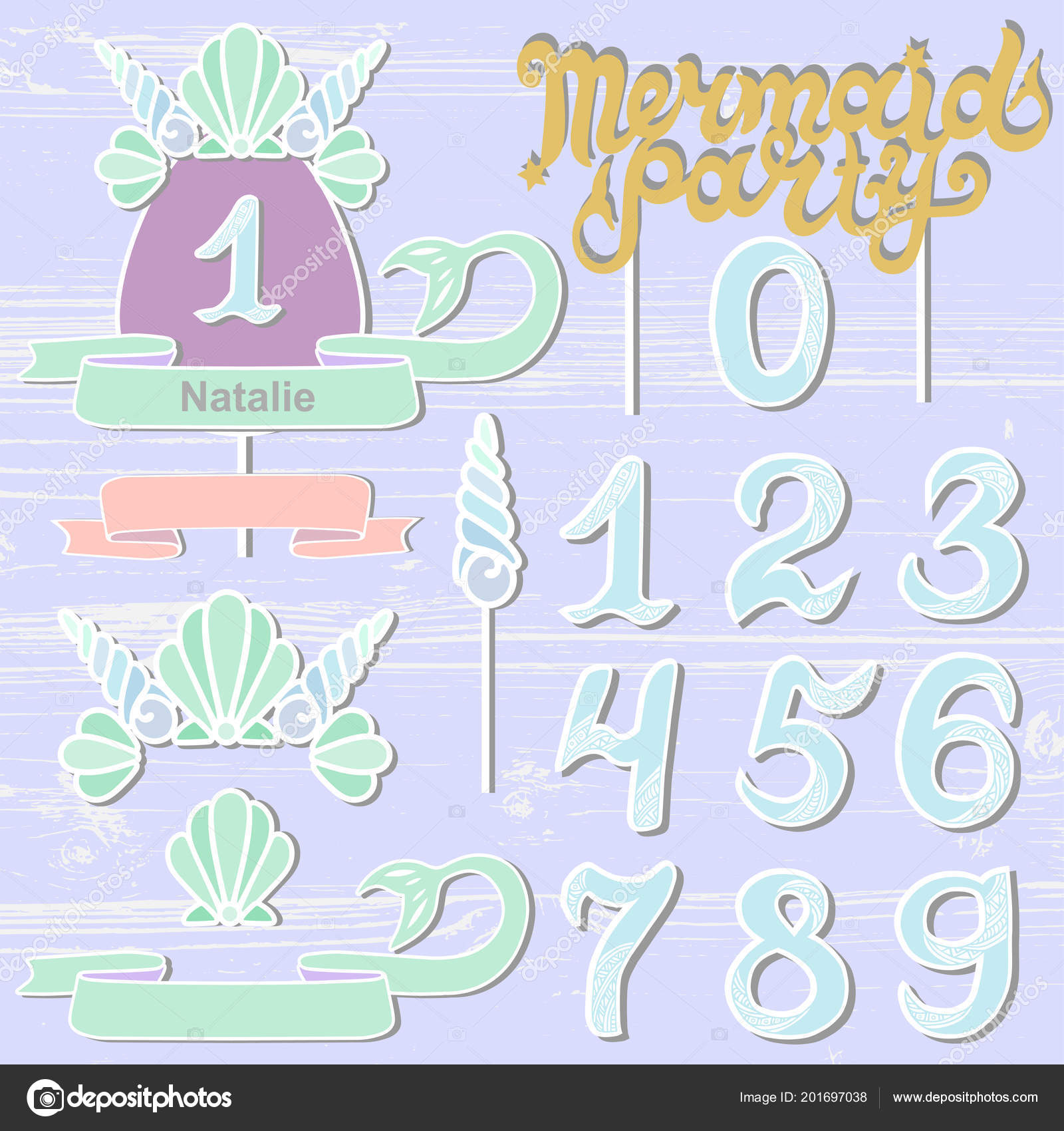 Vector Set Mermaid Party Text Sea Shell Crown Numbers Mermaid — Stock ...