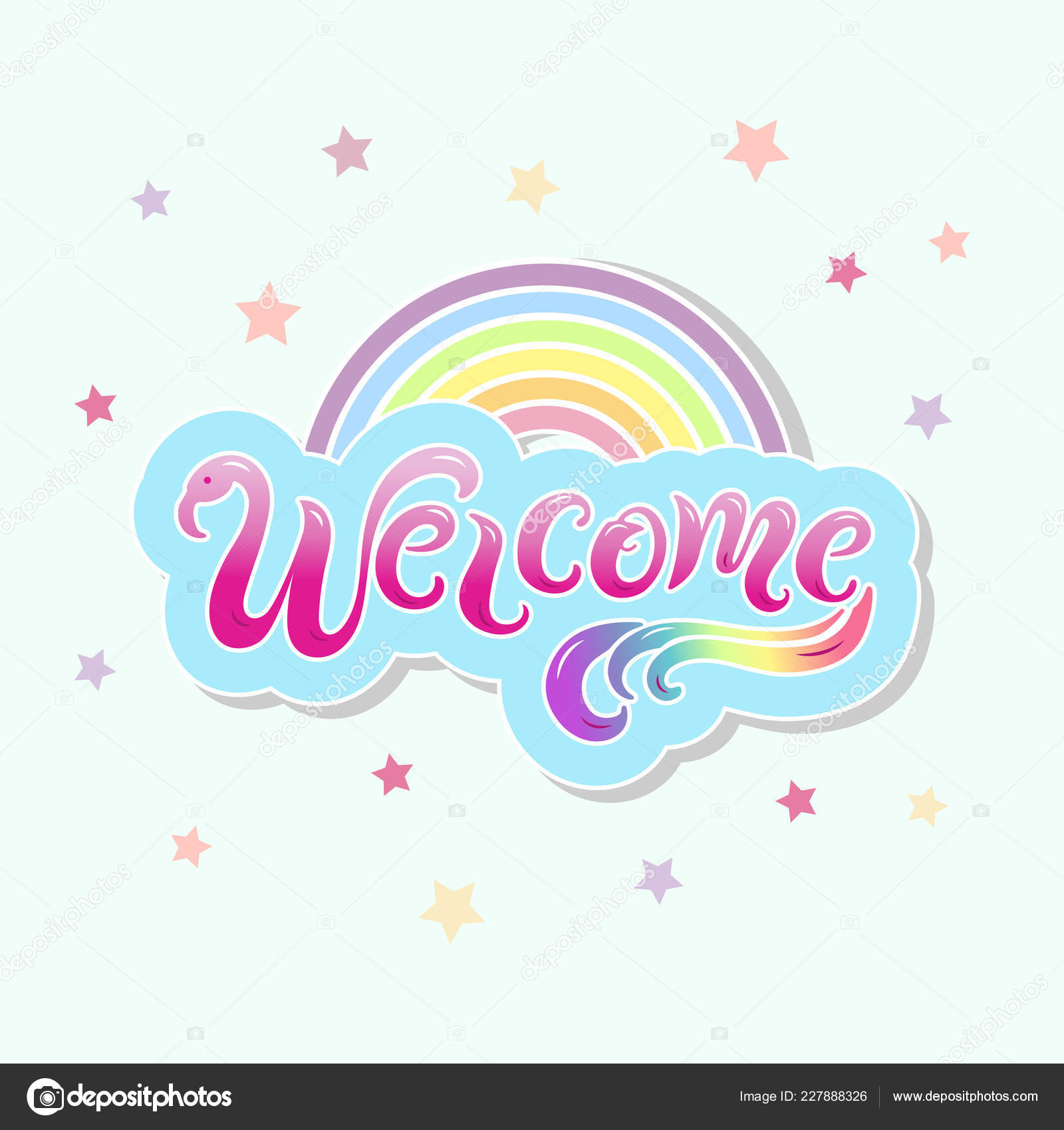 Handwritten Lettering Welcome Flamingo Cloud Rainbow Vector ...