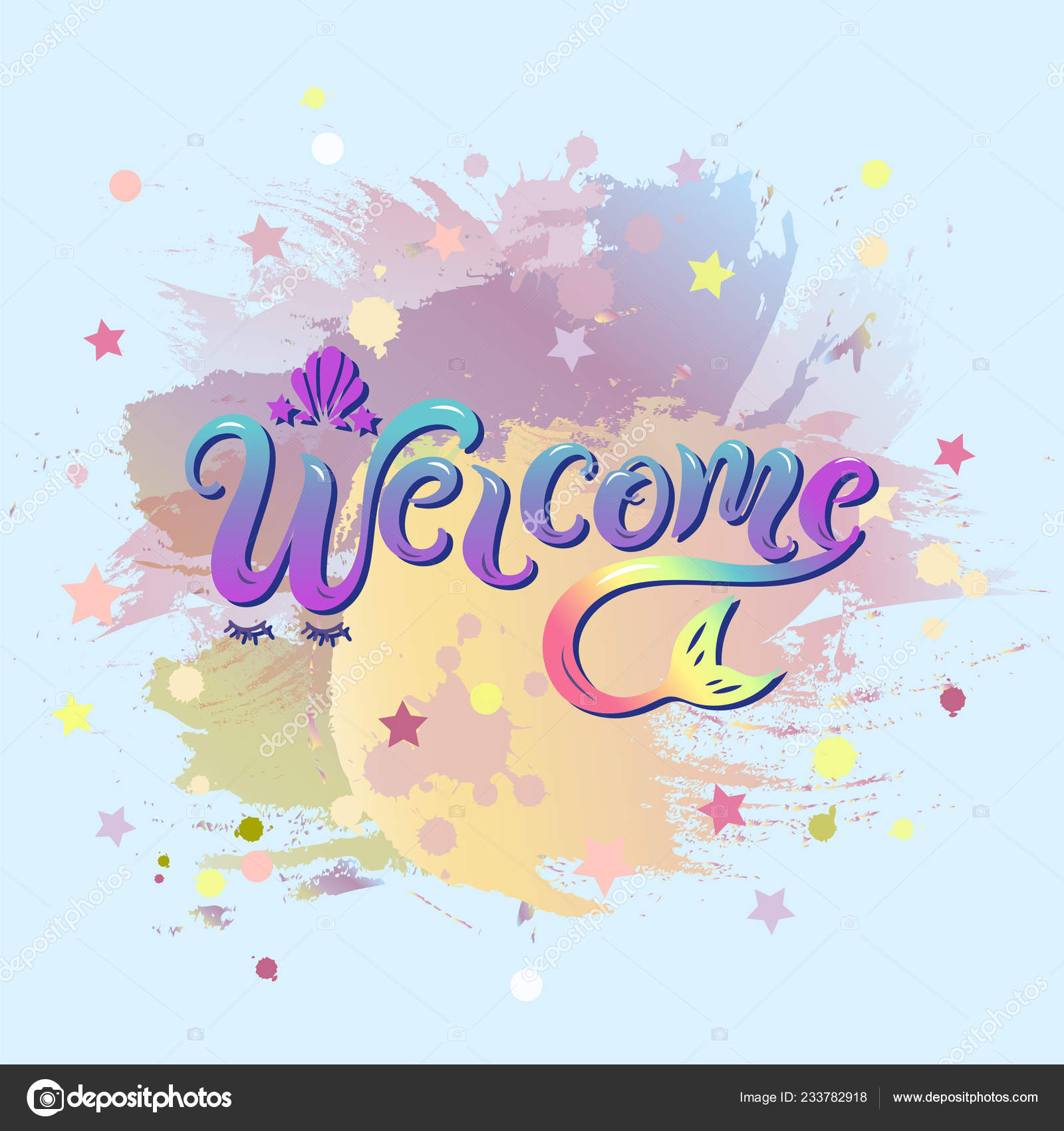 Handwriting Lettering Welcome Mermaid Tail Sea Shell Crown Welcome Logo ...