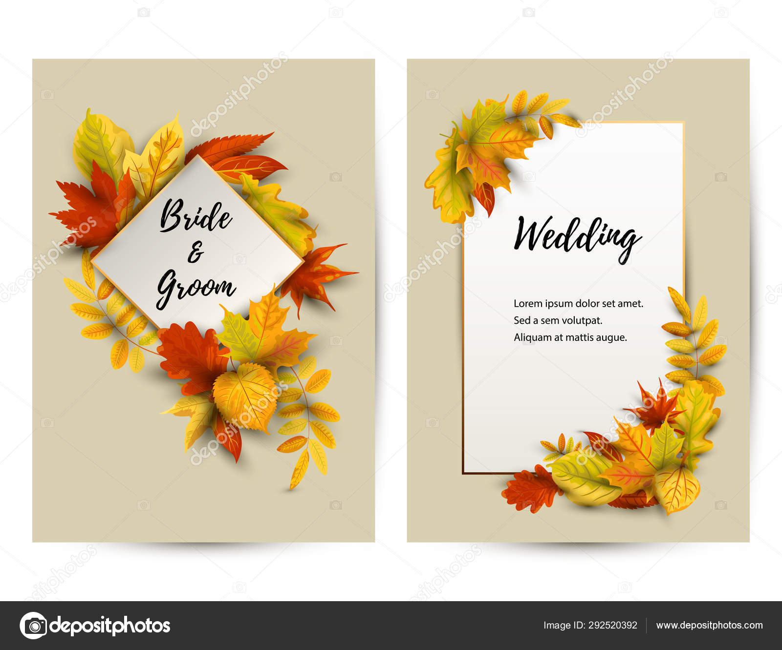Wedding Invites Set Falling Leaves Autumn Background Vector ...