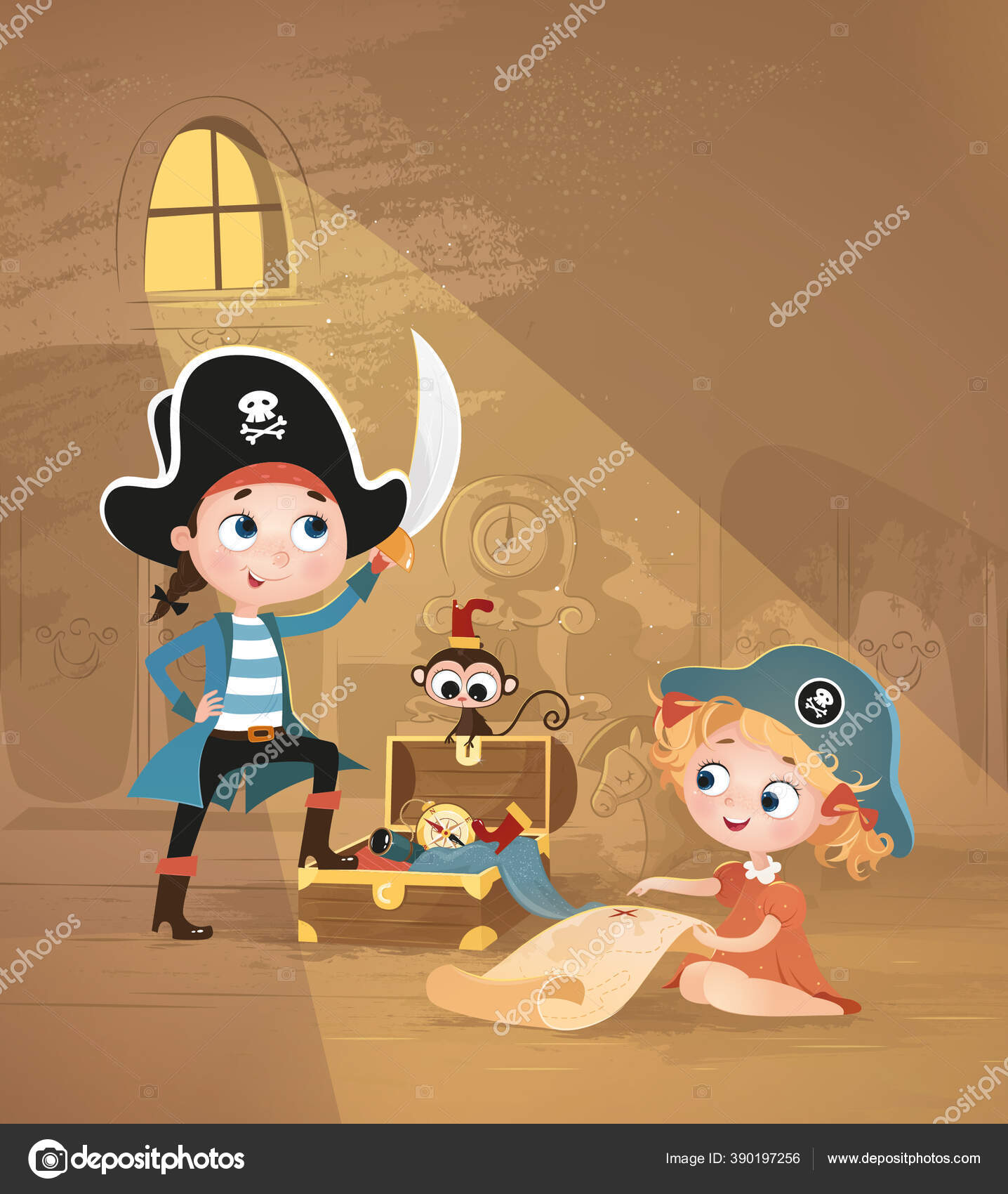 Bitmap Illustration Background Pirate Boy Pirate Girl Children Pirates ...