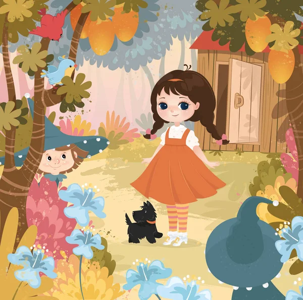 Bitmap Illustration Background Girl Cat Meadow Flowers Meadow Girl ...