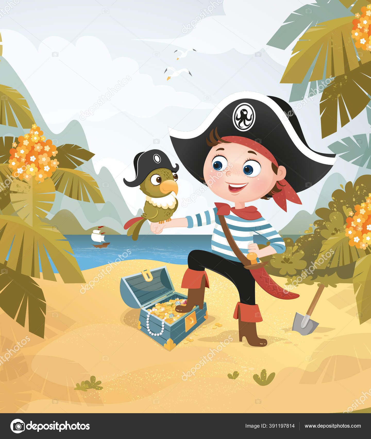Bitmap Illustration Background Boy Pirate Treasure Island Parrot Chest ...