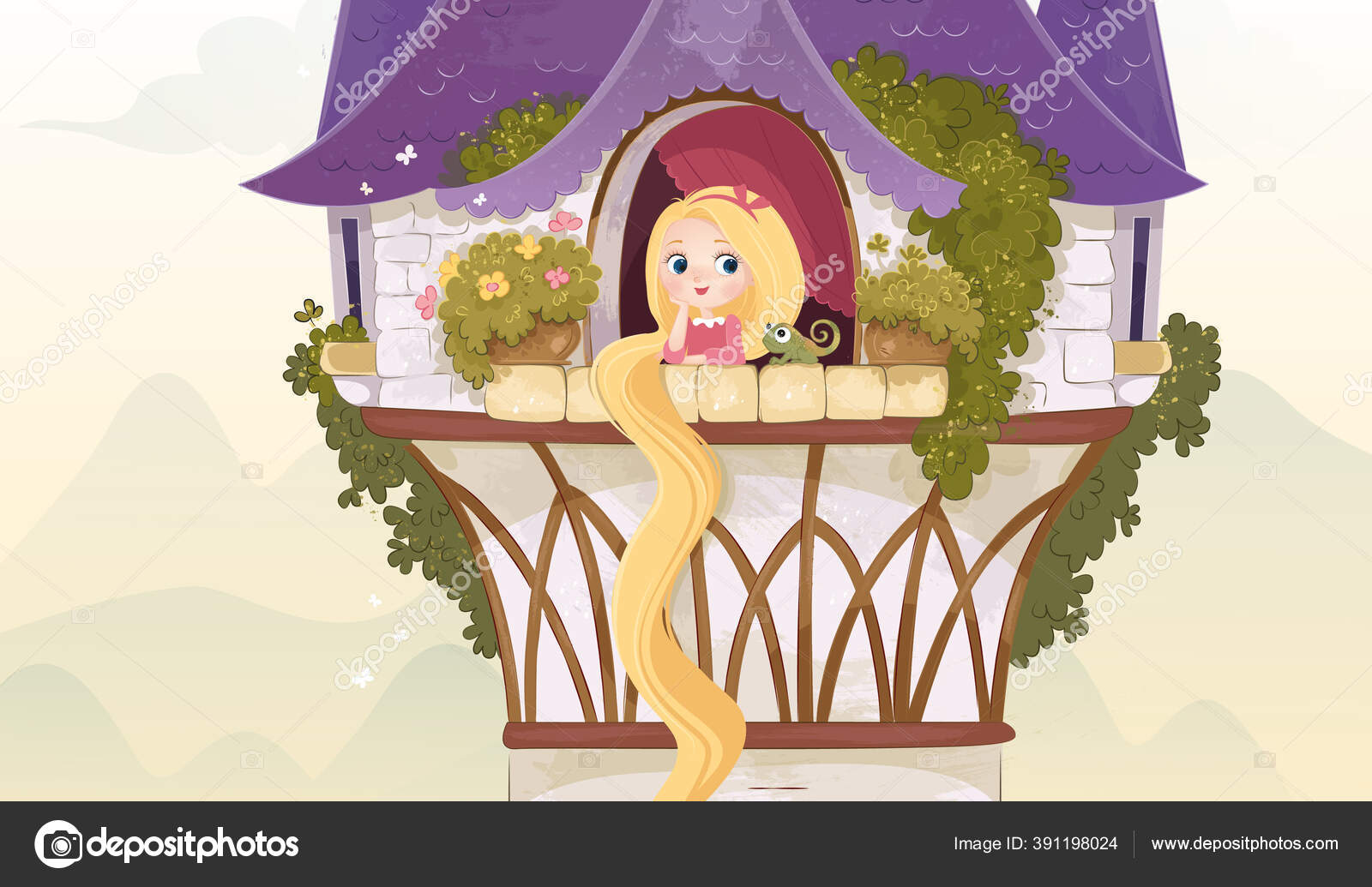 Mapa Bits Ilustración Fondo Torre Hadas Chica Torre Rapunzel Camaleón ...