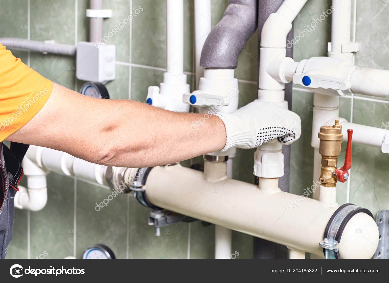 Worker Engineer Checks Operation Heating System Room Engineering ...