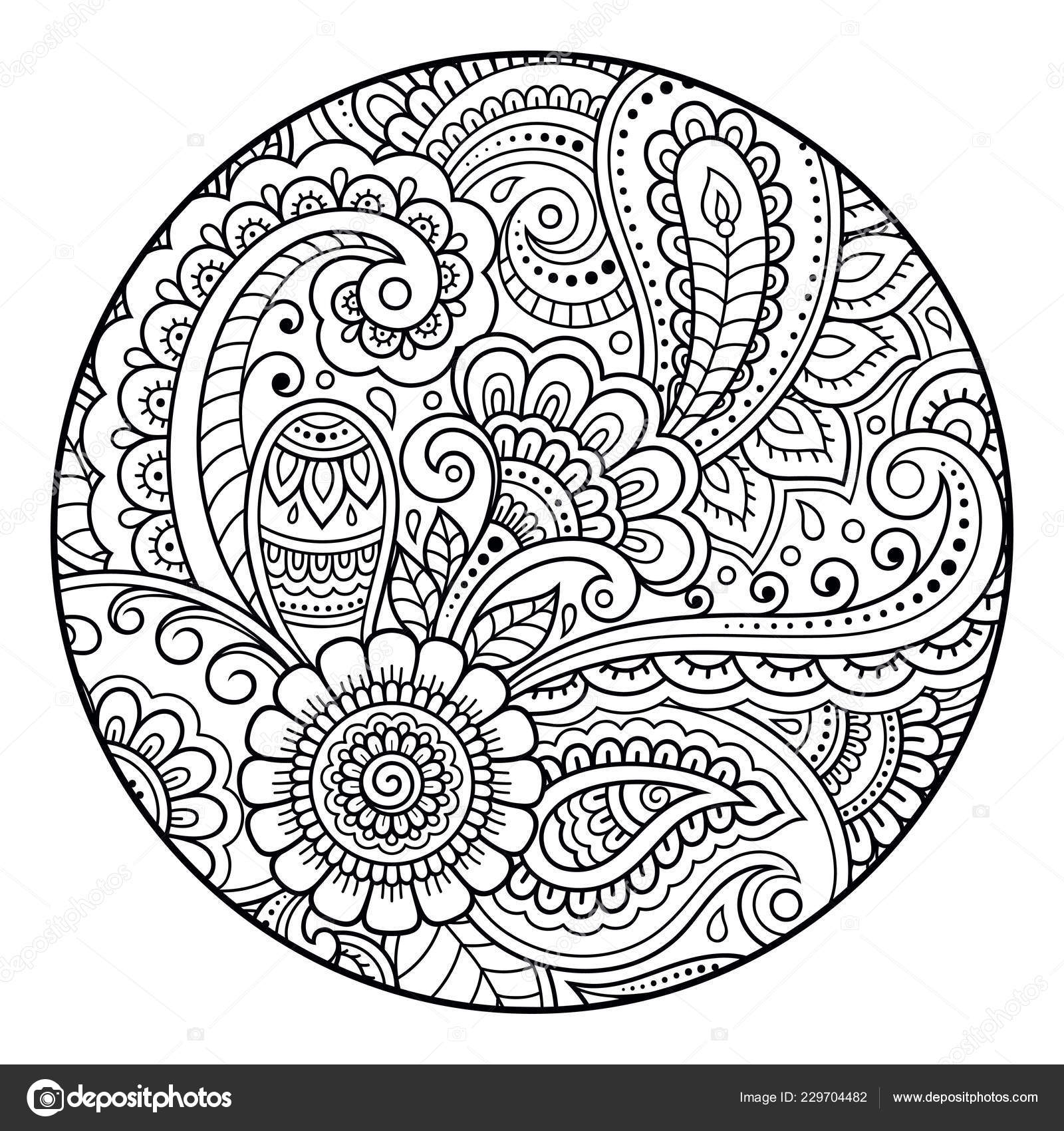 Esboço Padrão Floral Redondo Para Colorir Página Livro Coloração ...