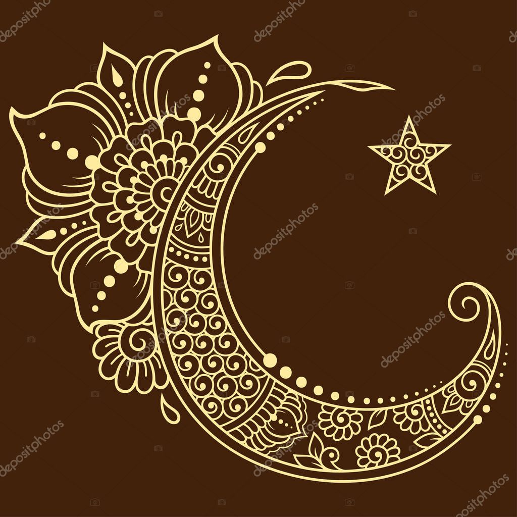 Religioso símbolo islámico de la Estrella y la Media Luna con flor en ...