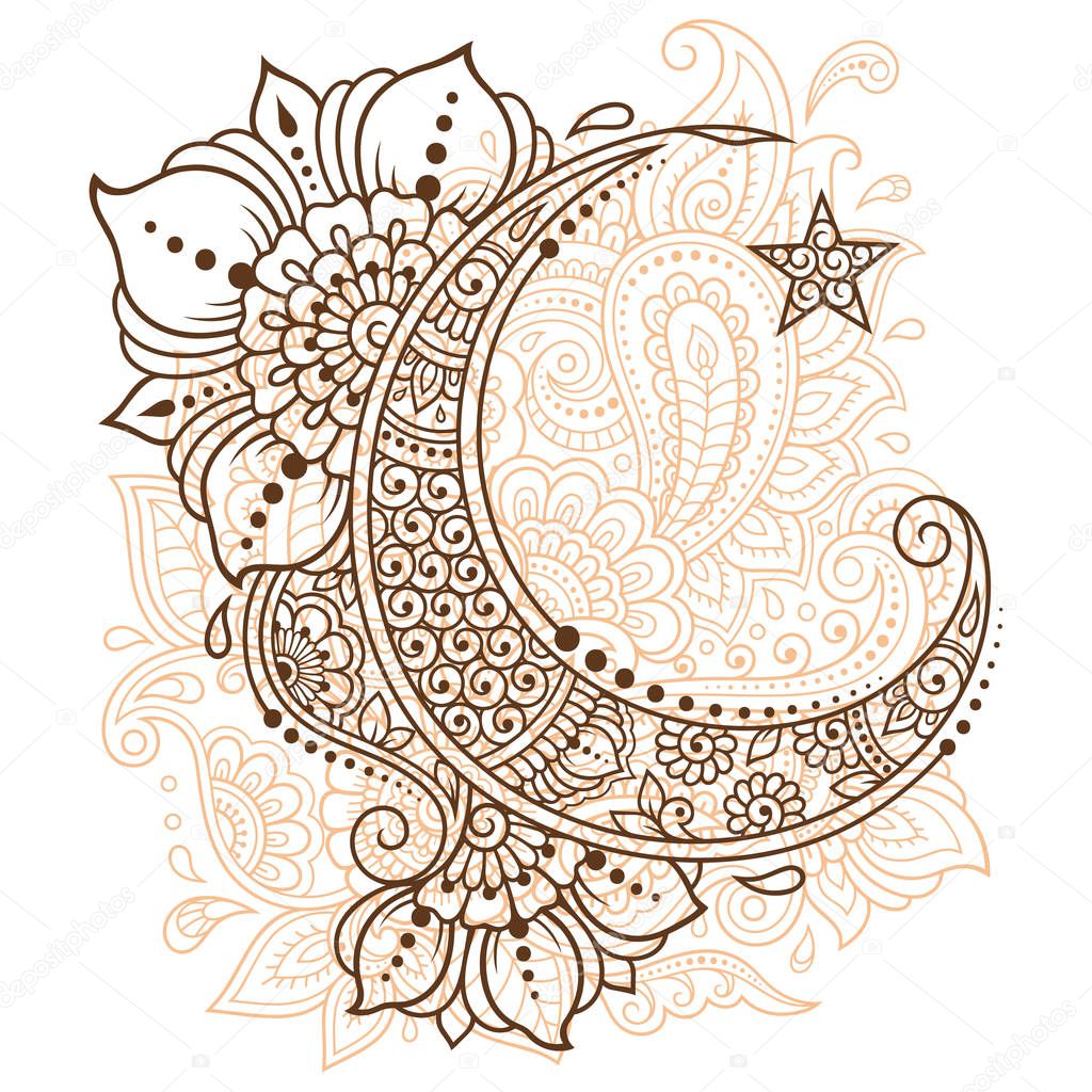 Religioso símbolo islámico de la Estrella y la Media Luna con flor en ...