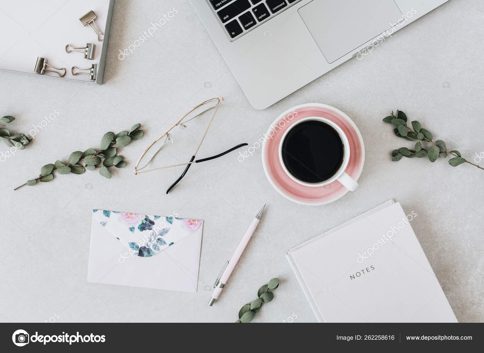 Home Office Desk Workspace Laptop Coffee Notebook Eucalyptus Envelope ...