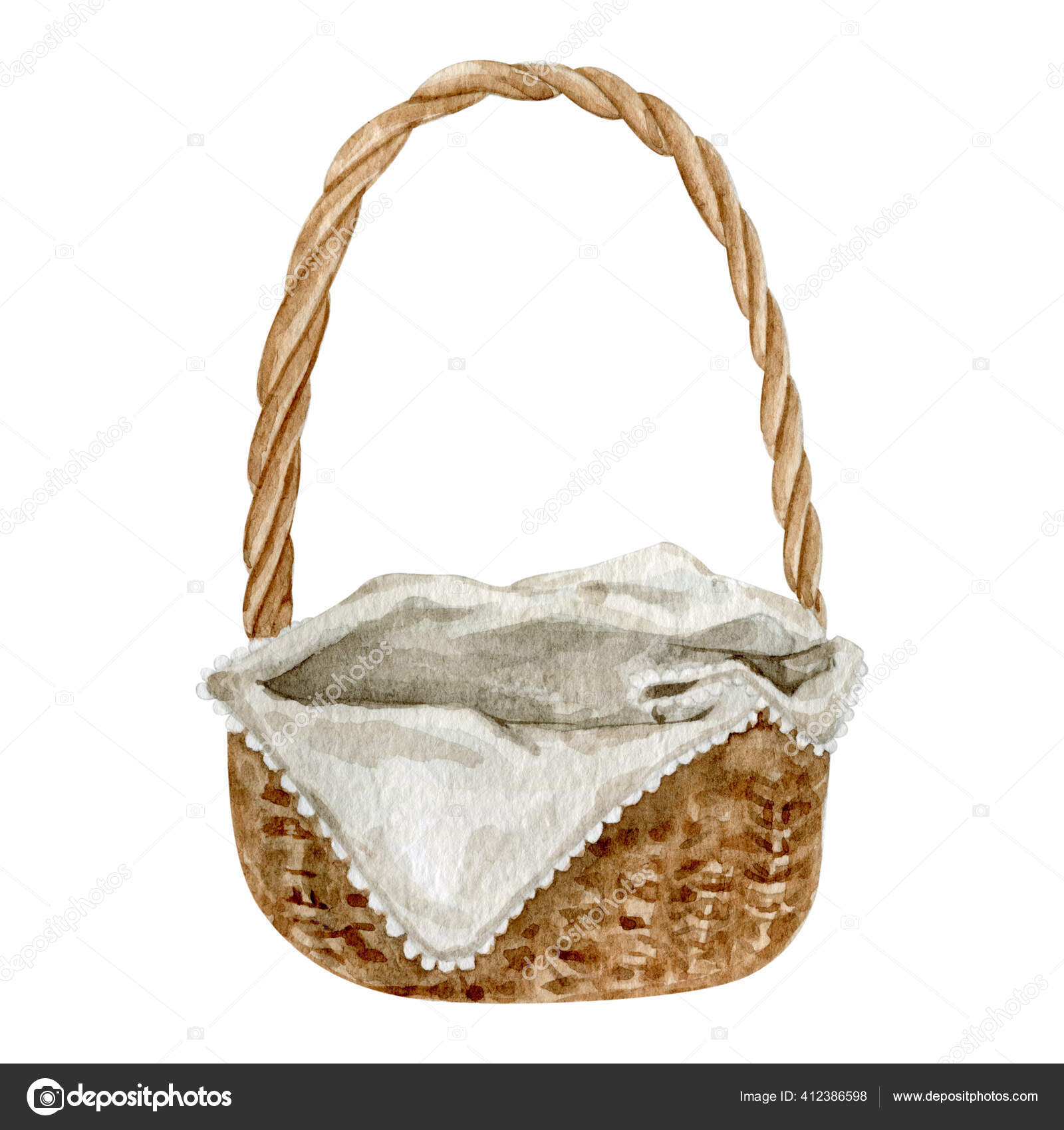Watercolor straw basket with white napkin Stock Illustration by ...