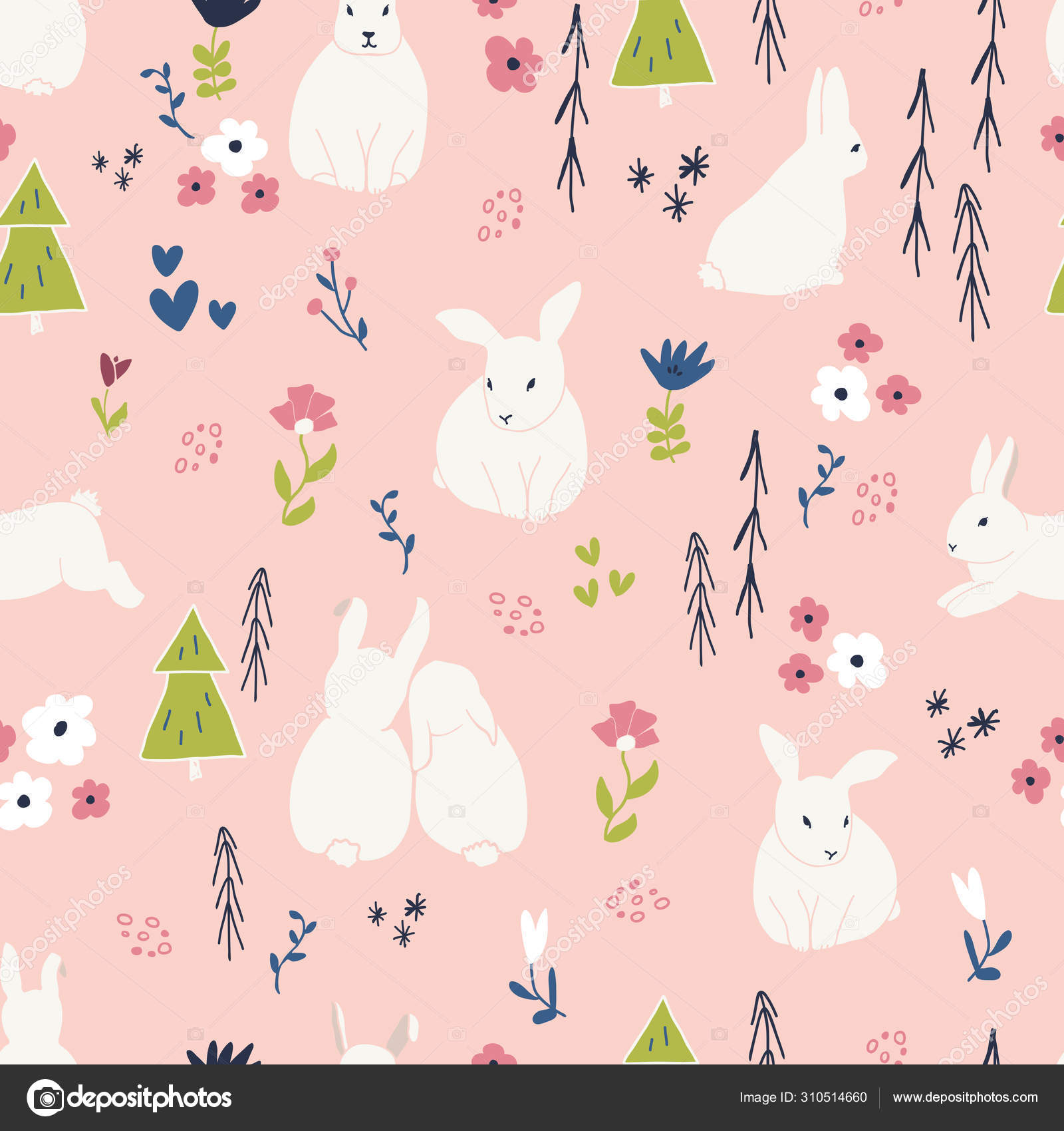 Cute rabbits and flowers seamless pattern. Spring and easter theme ...
