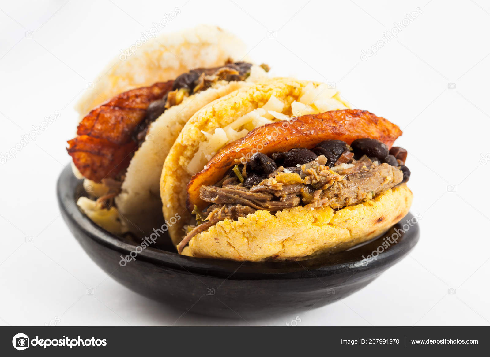 Arepas Filled Shredded Beef Black Beans Plantain Cheese Served Black ...