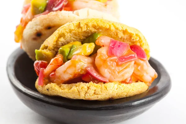 Arepas Filled Shrimp Ceviche Served Black Ceramic Dish White Background ...