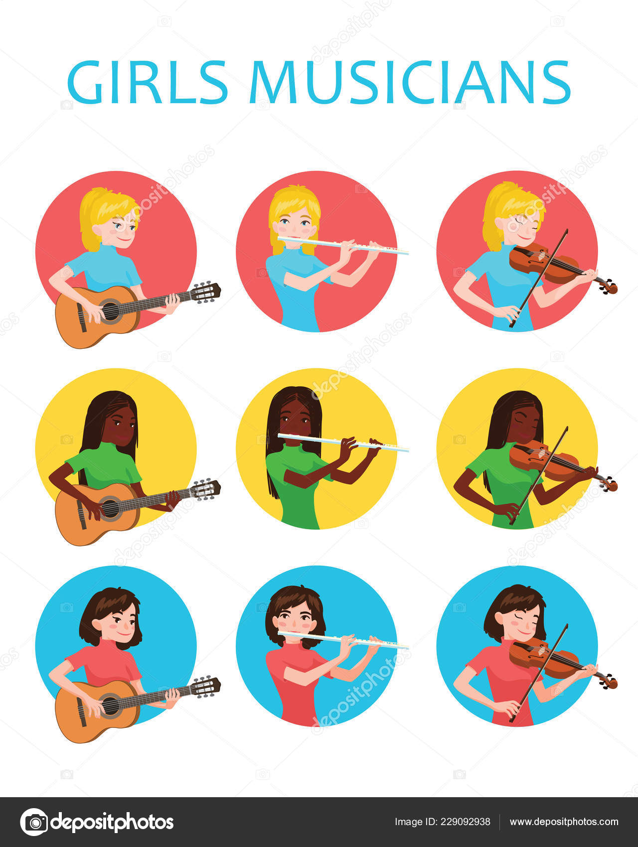 Musicians girls is inspired to play different musical instruments ...
