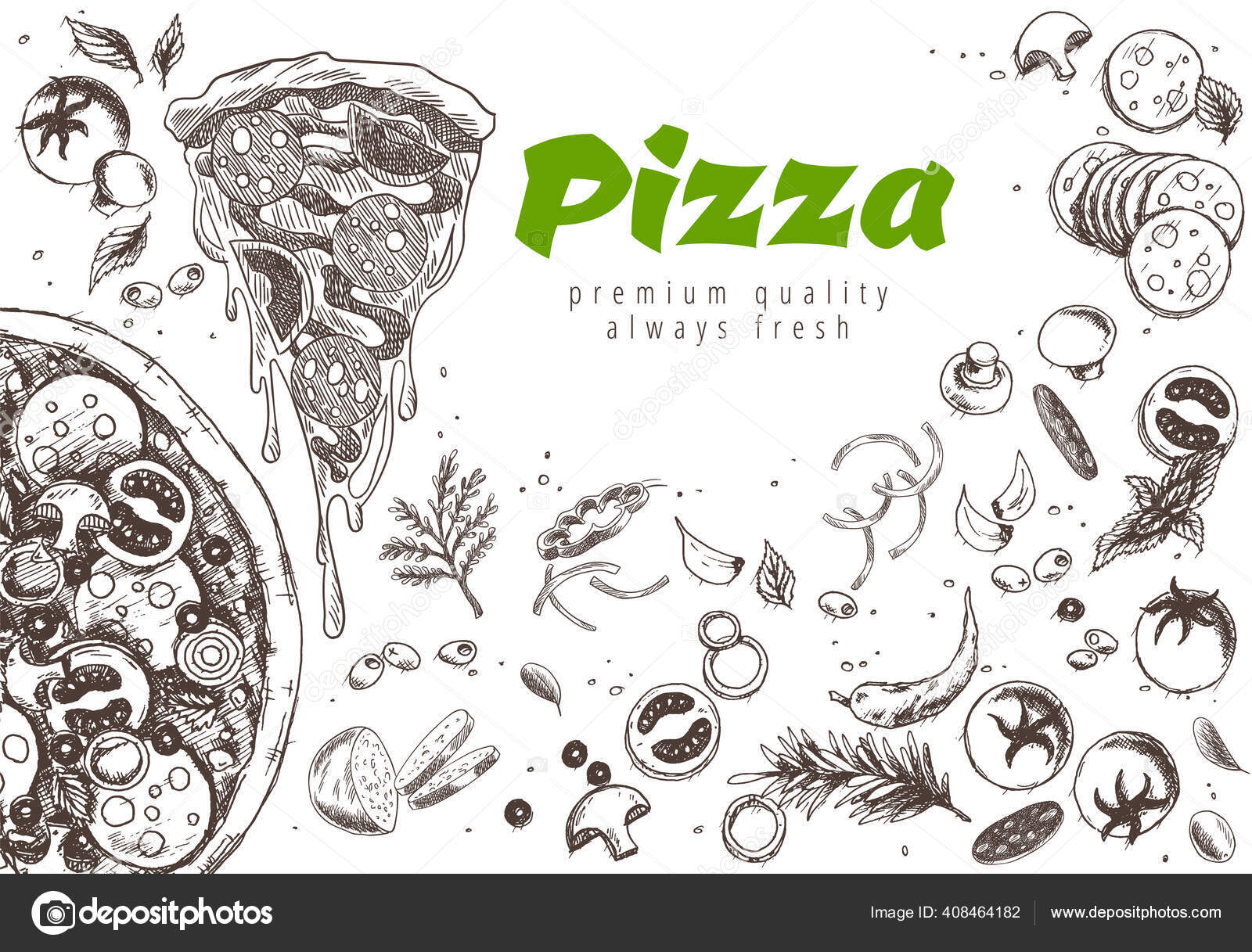 Pizza line banner. Engraved style doodle background. Savoury pizza ads ...