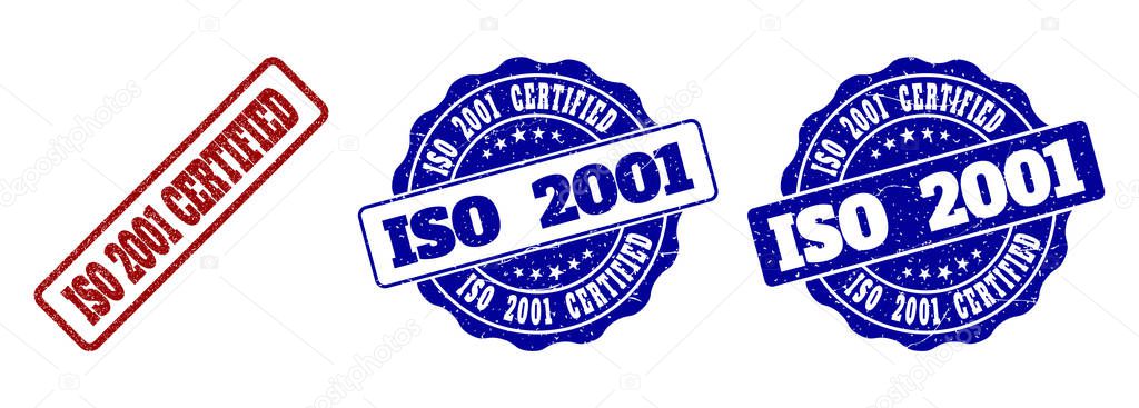 Sellos de sello Grunge CERTIFICADOS ISO 2001 en colores rojo y azul ...